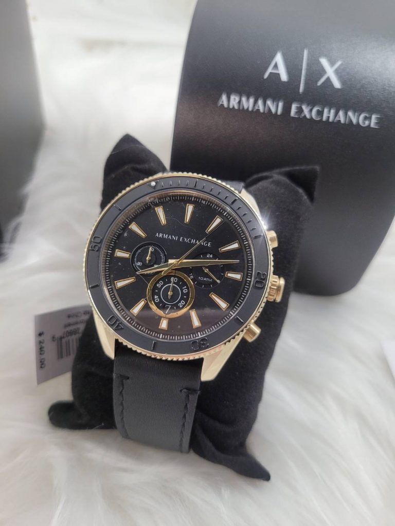 Armani Exchange AX 金框 三眼 黑色皮革錶帶 智能計時 AX1818 男錶 | 女王多國精品百貨